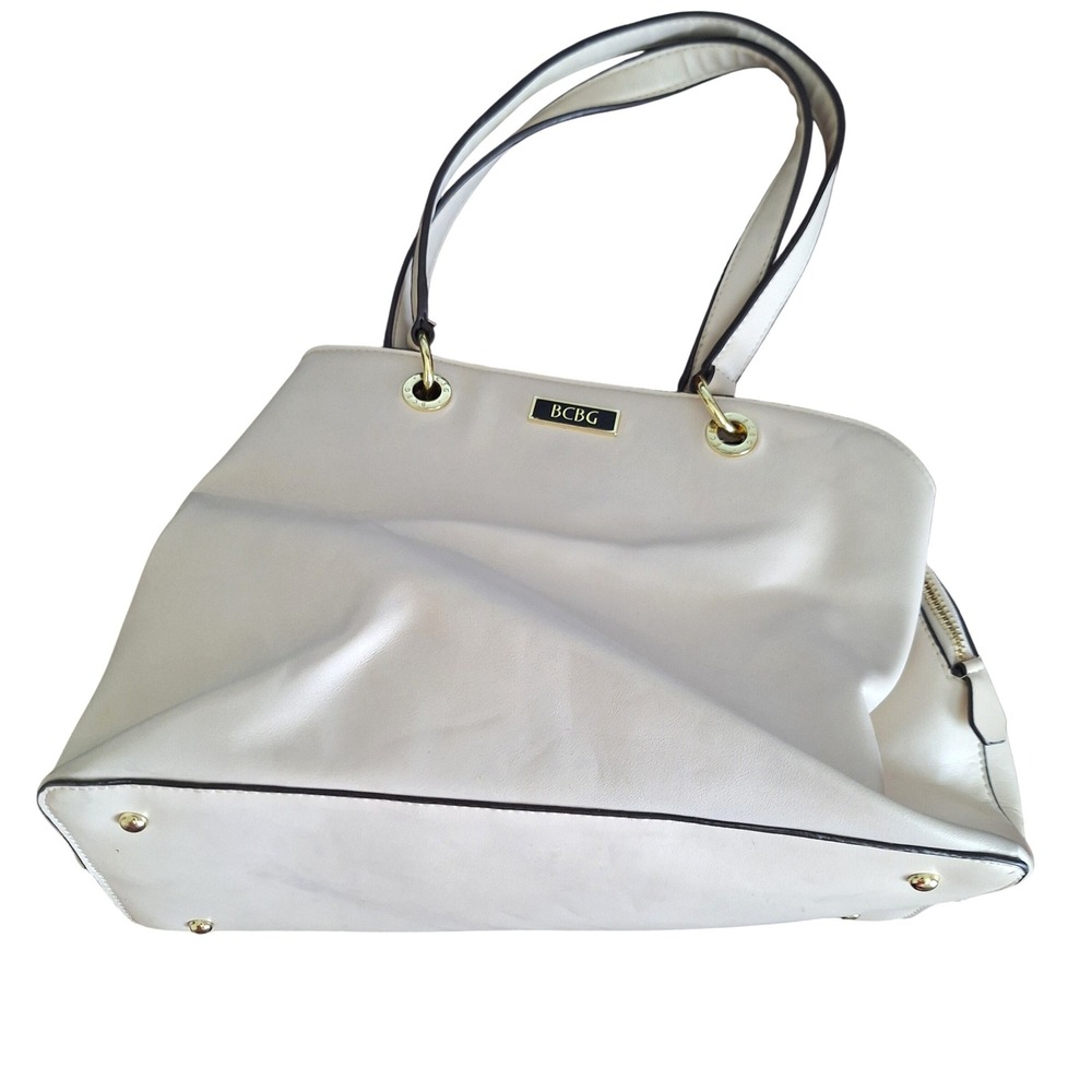 BCBG | Bags | Bcbg Cream Faux Leather Tote Bag Gold Hardware Triple ...